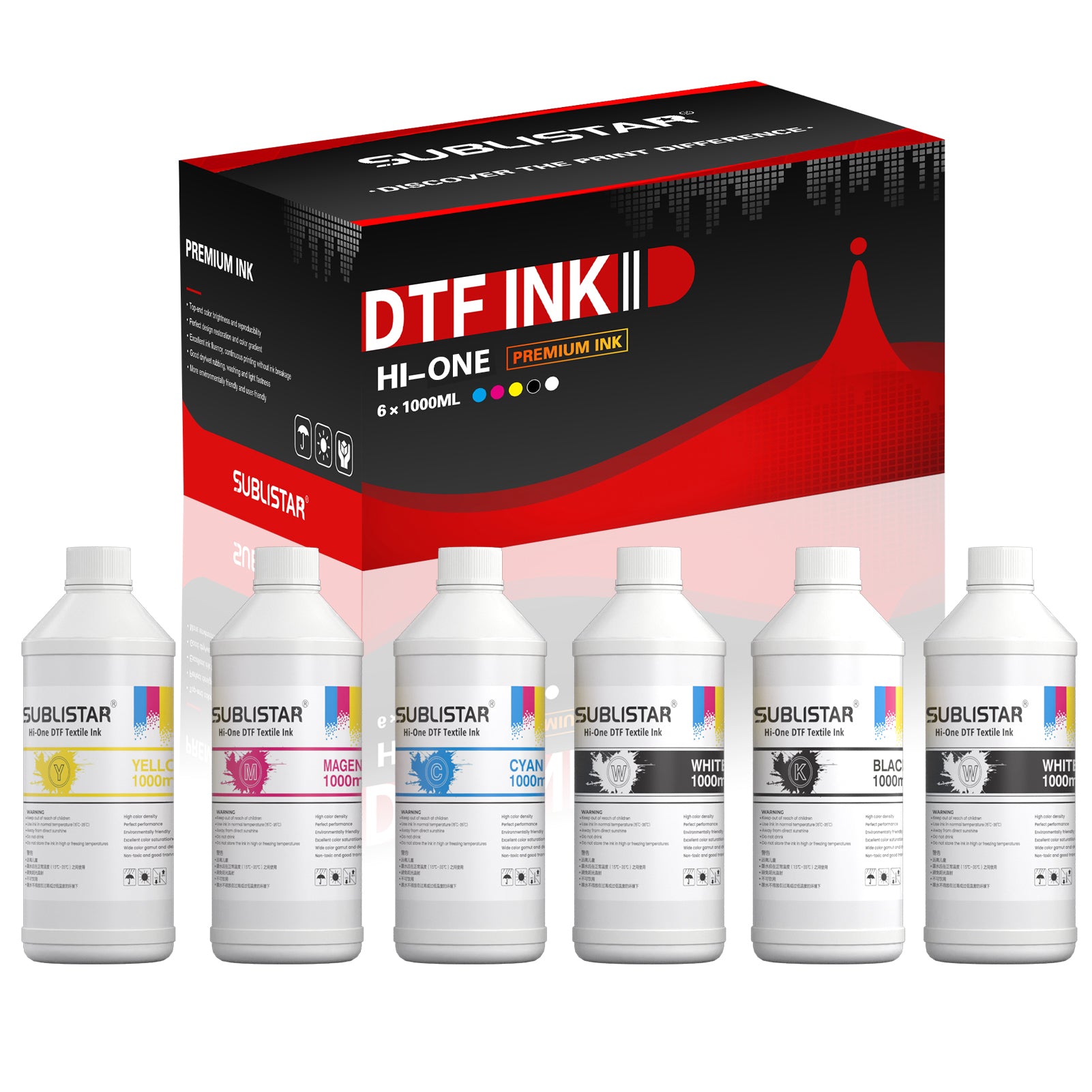 Hi-One DTF Printing Ink Combo Pack(1000ml x 6，C M Y BK + 2*W),DTF Tran ...