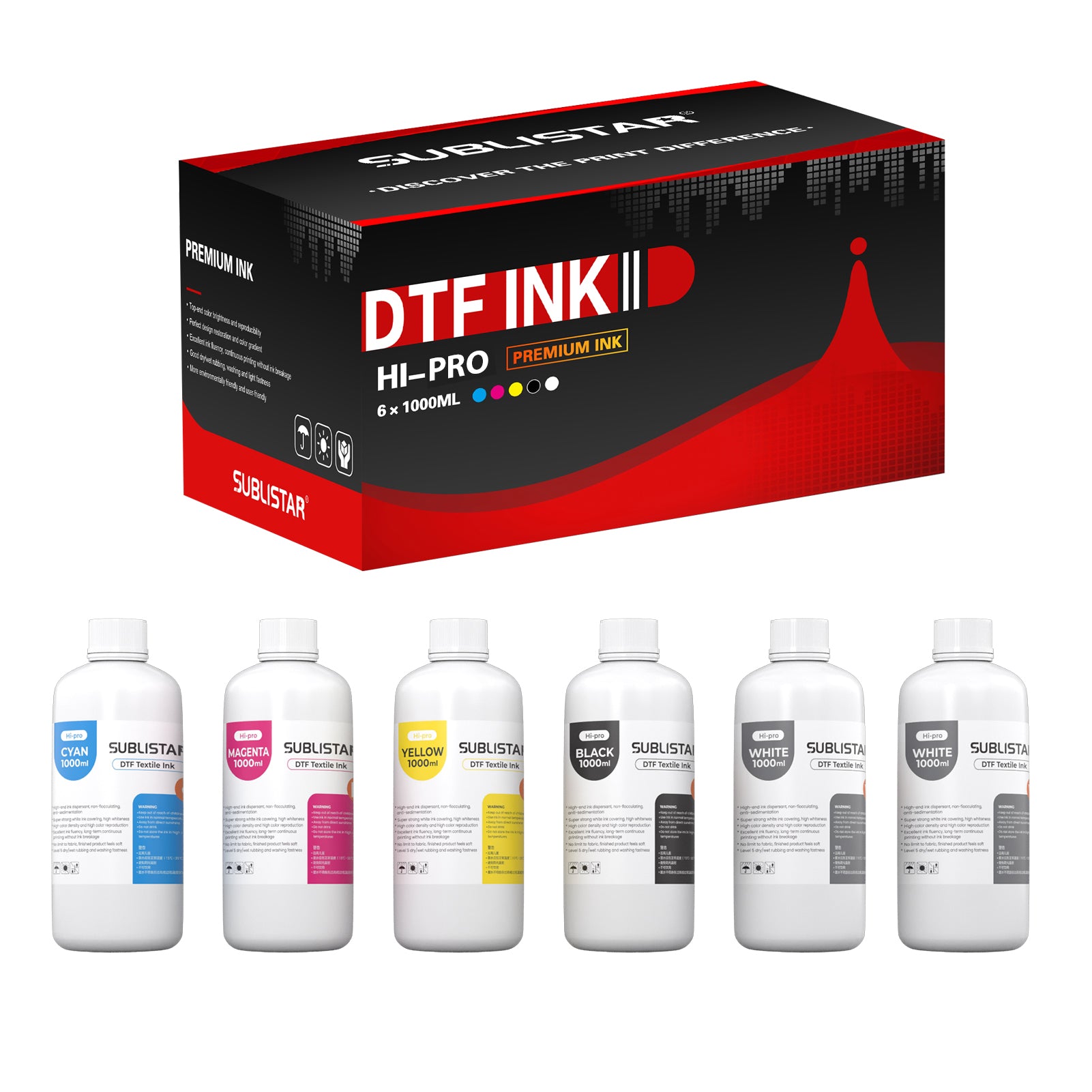 Combo Pack Hi-Pro Water-based DTF Ink 1000ML*6 Bottles(C M Y BK + 2*W) – Sublistar